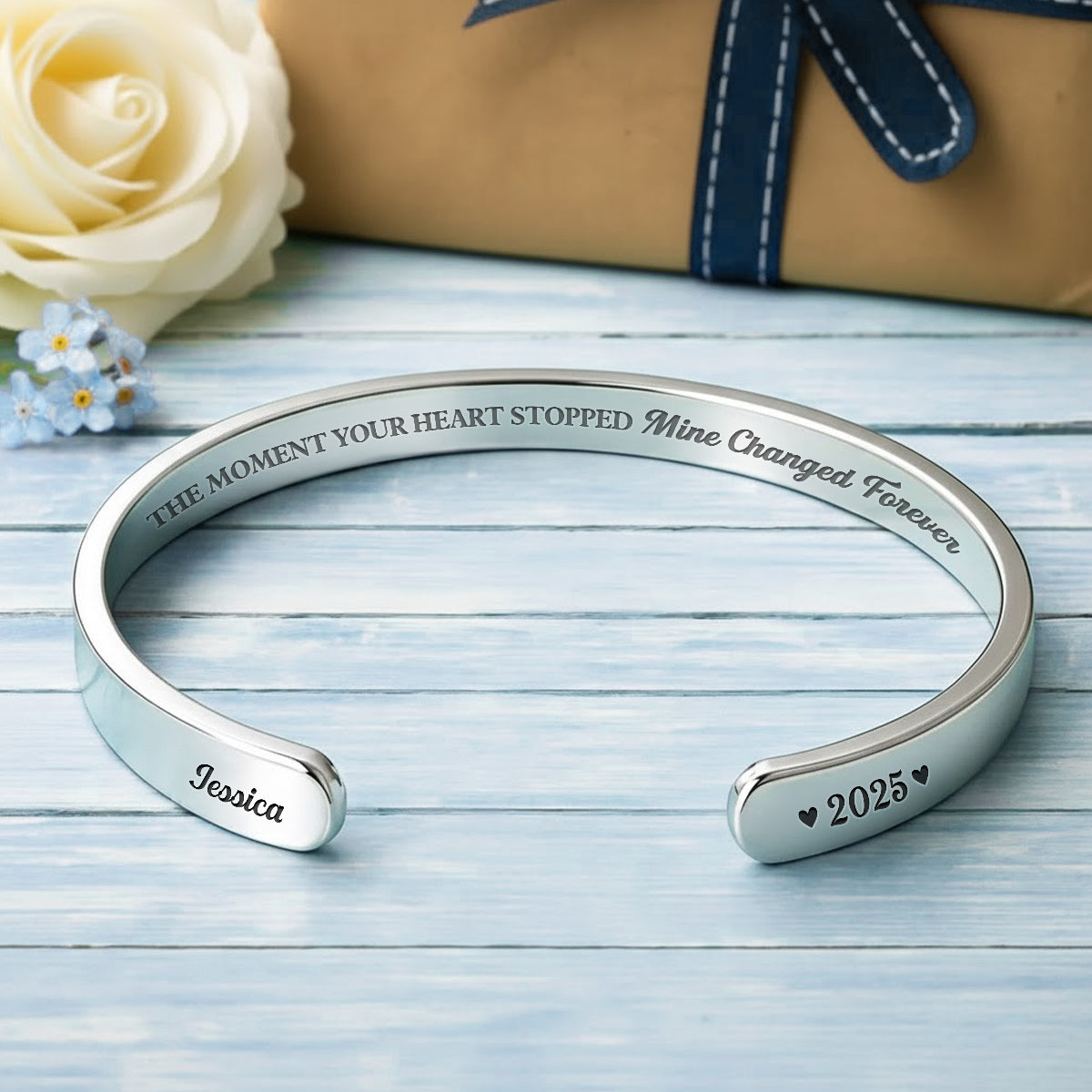 Custom Memorial Engraved Cuff Bracelets - The Moment Your Heart Stopped ...